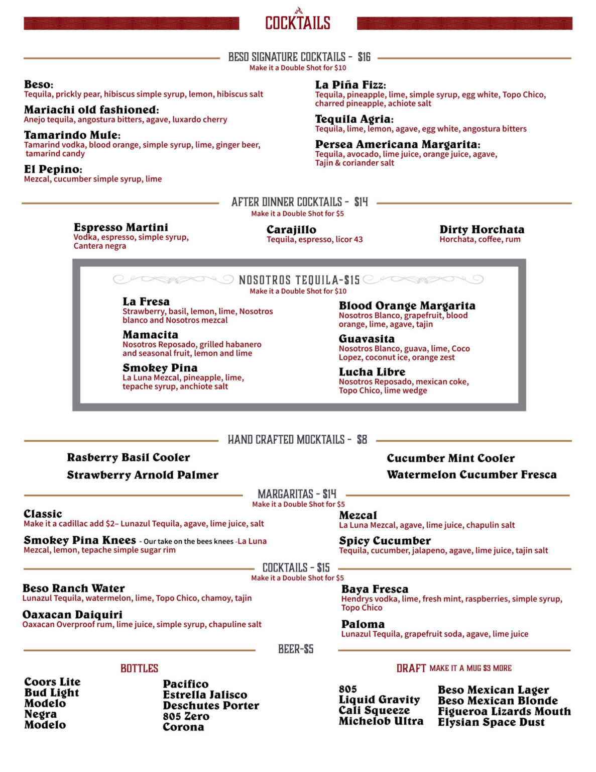 Dinner Menu Beso Cocina And Cocktails Nipomo